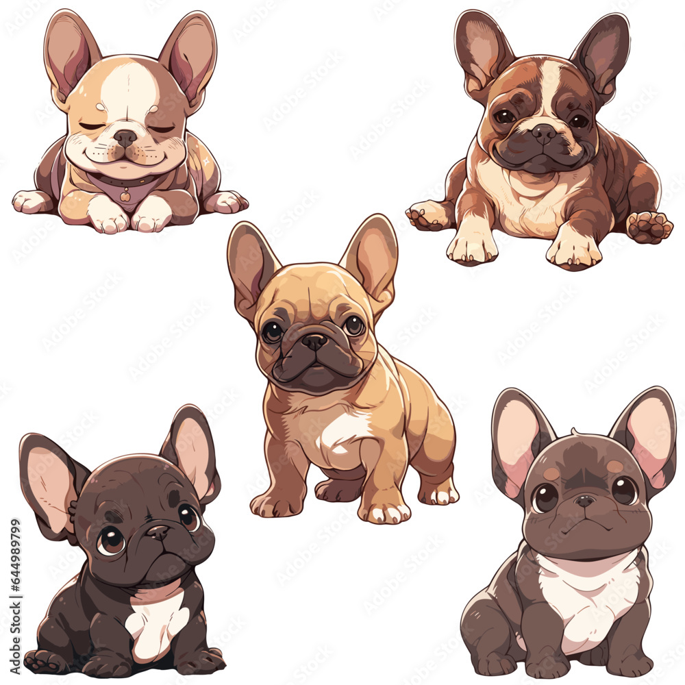 Cartoon kawaii French bulldog puppies dog pack isolated on transparent ...