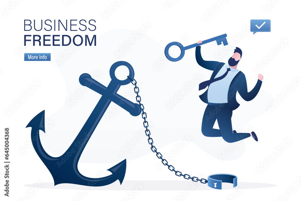 Business freedom, concept. Happy businessman has opened shackles and ...