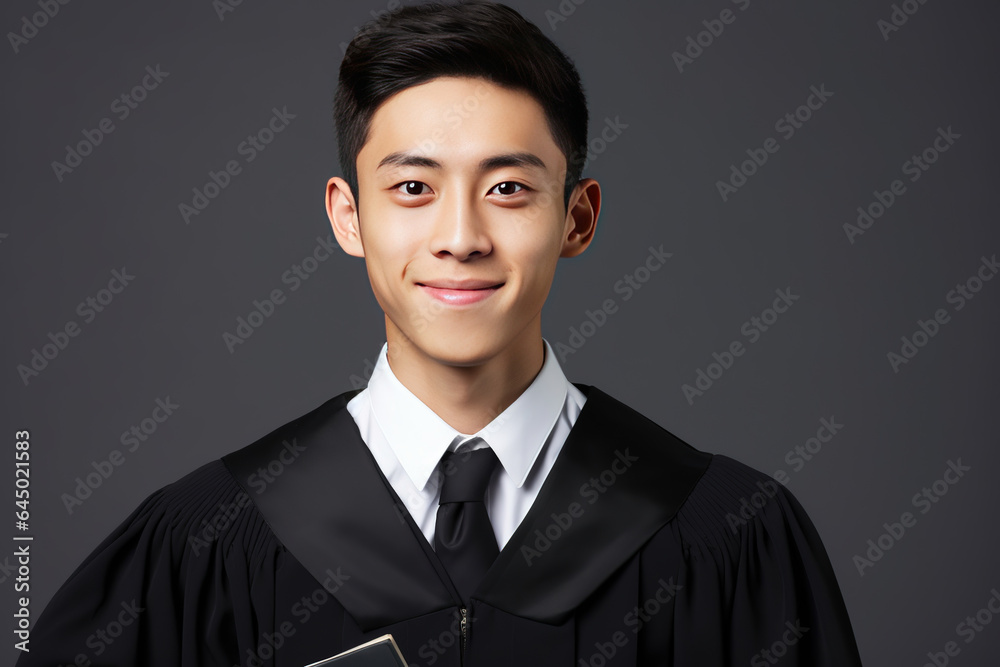 Portrait of a smiling asian male valedictorian dressed in black ...