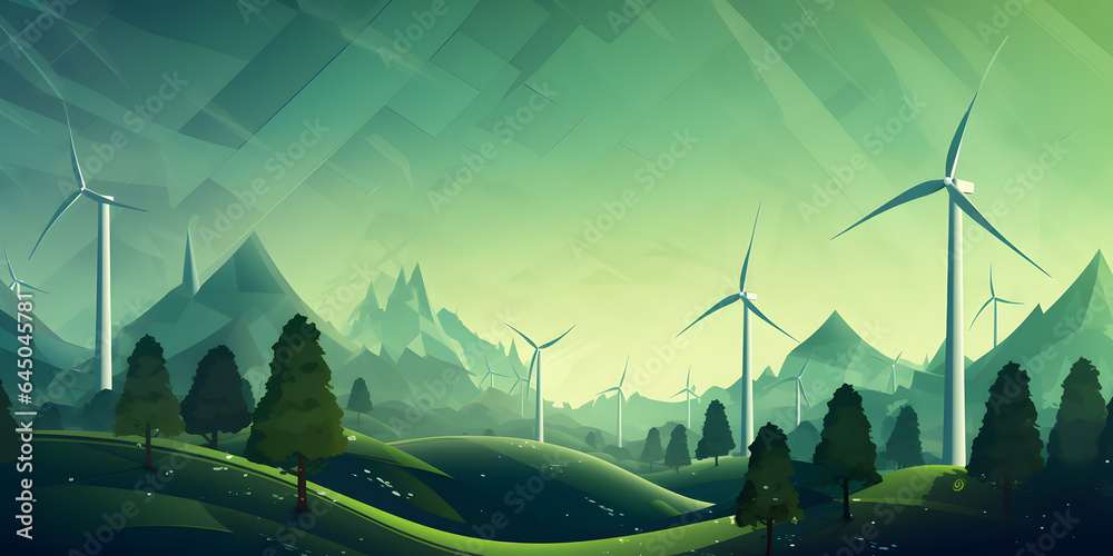 Modern Wind turbines and solar panels sunset light. Concept eco green ...
