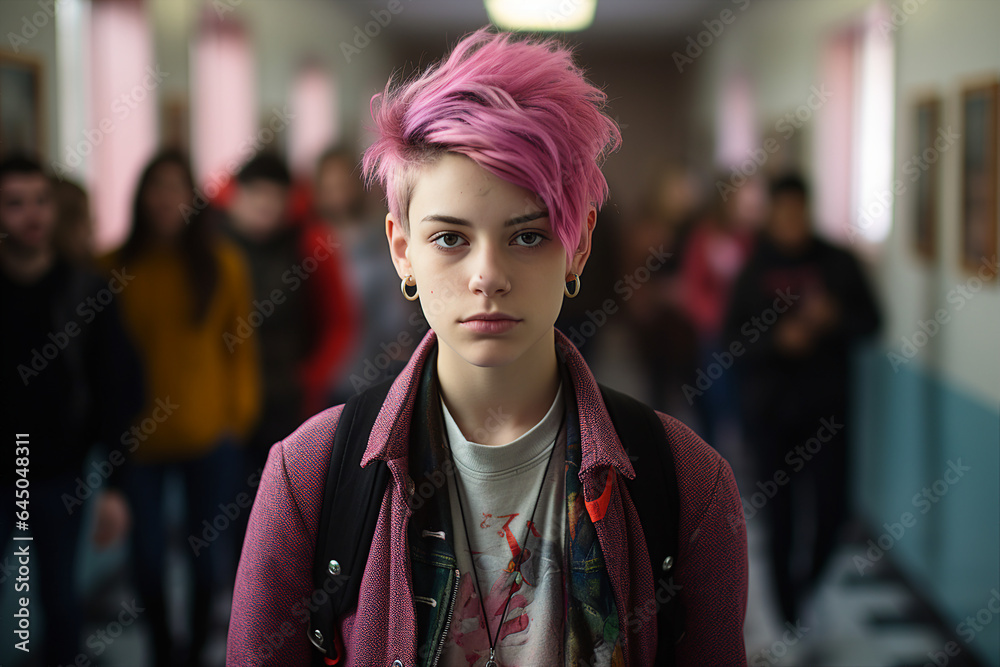 Photography of non binary teen person in school hallway with kids in ...