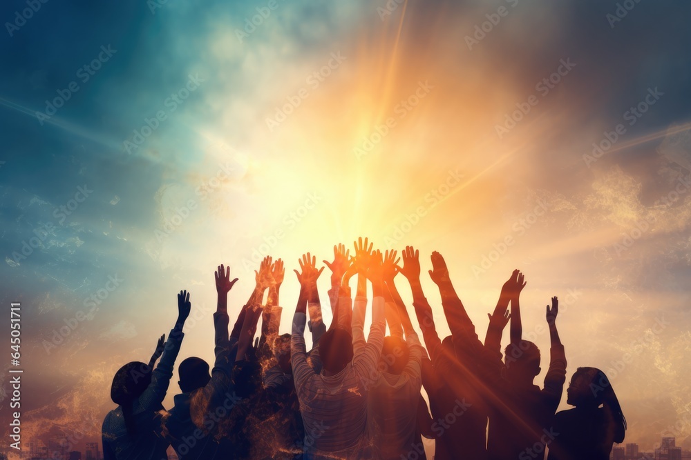 Hands to heaven, group of people with their hands up looking at the ...