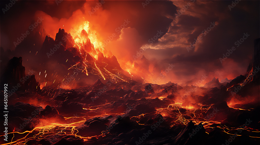 volcanic eruption, flames erupt from the rocks of the mountain and ...