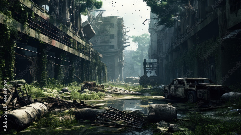 Craft a desolate scene of urban decay, overgrown vegetation, and ...