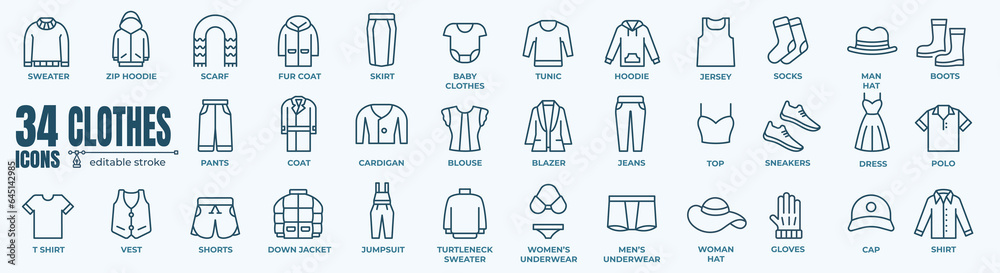 clothes and cloth elements - minimal thin line web icon set. Outline ...