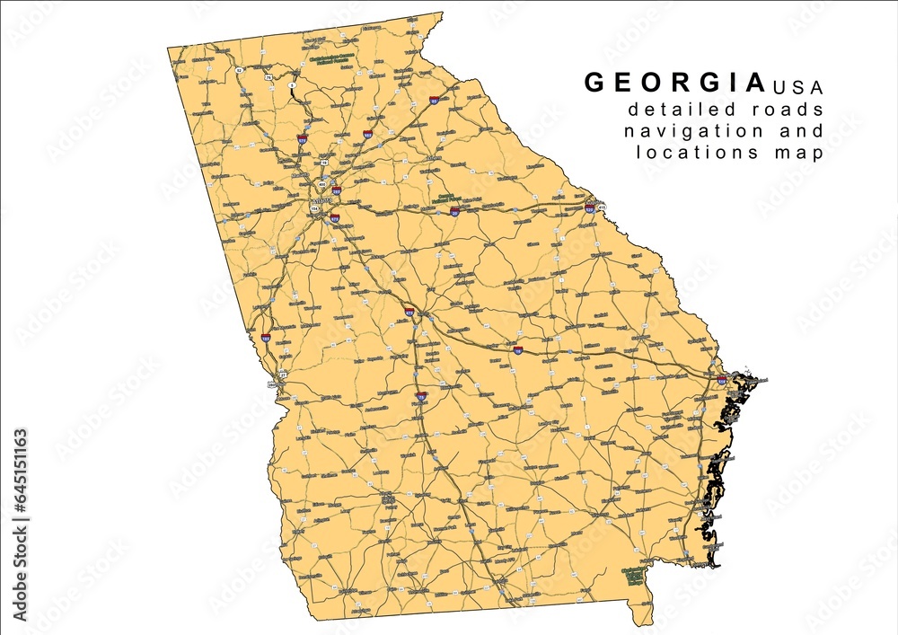 Georgia USA detailed roads navigation and locations map Stock ...