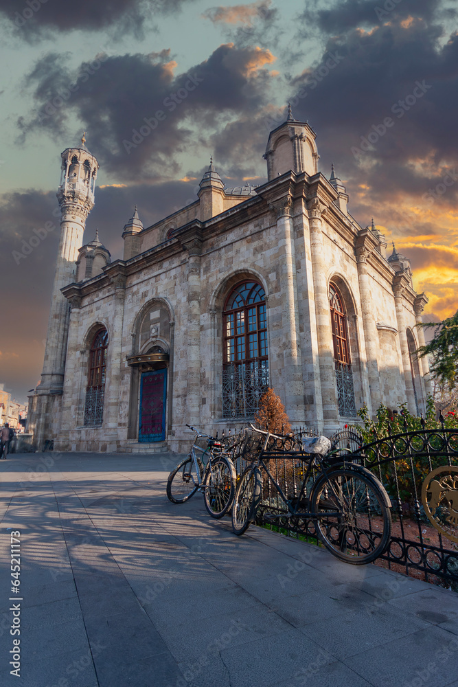 Aziziye Mosque view in Konya. The architectural style is a mixture of ...