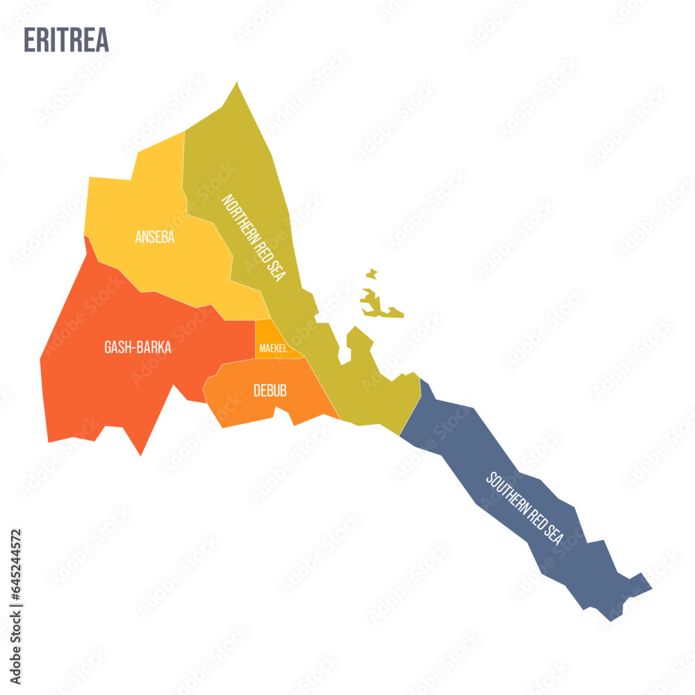 Eritrea political map of administrative divisions - regions. Colorful spectrum political map ...