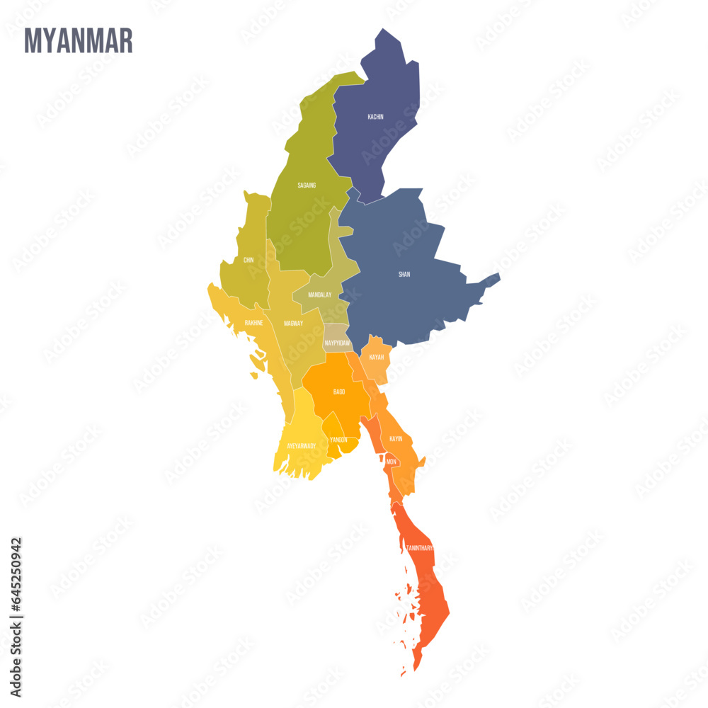 Myanmar political map of administrative divisions - states, regions and ...