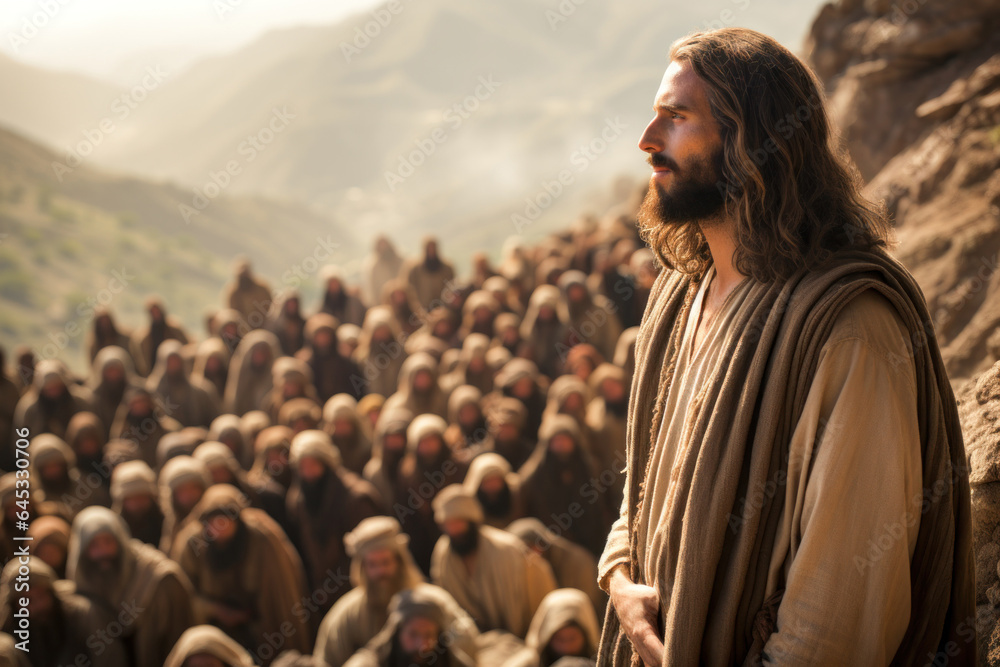 Jesus speaking to the people by parables on the mountain in the midst ...