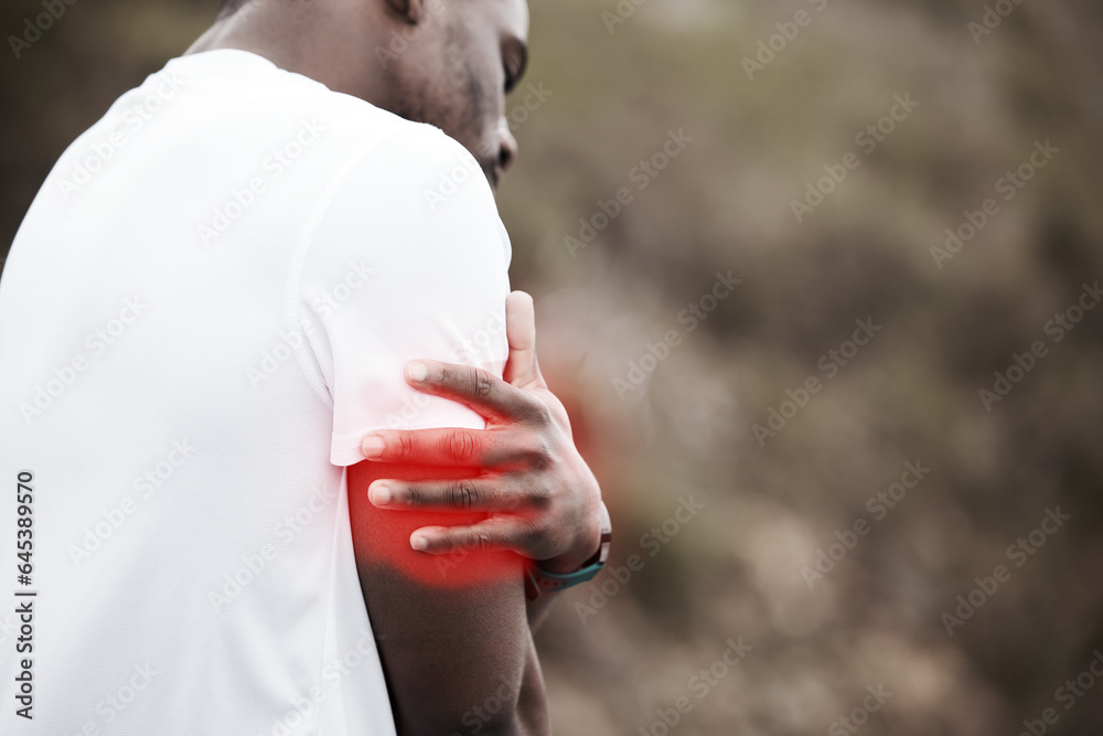 Arm, joint pain and man with fitness injury, health and wellness with ...