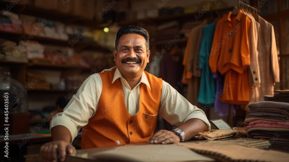 Happy Indian cloth merchant or clothing store owner sitting in shop ...