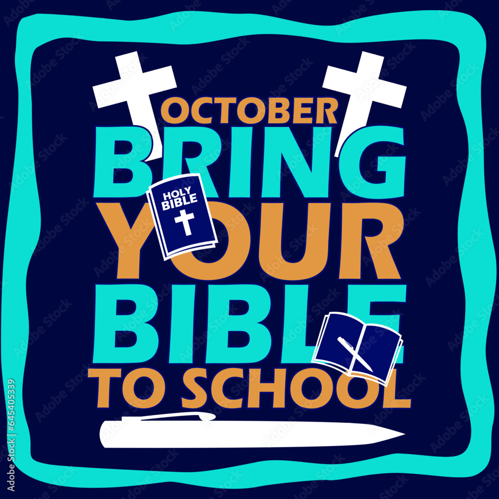 Bold text with cross, bible, book and pen icons on frame on dark blue ...