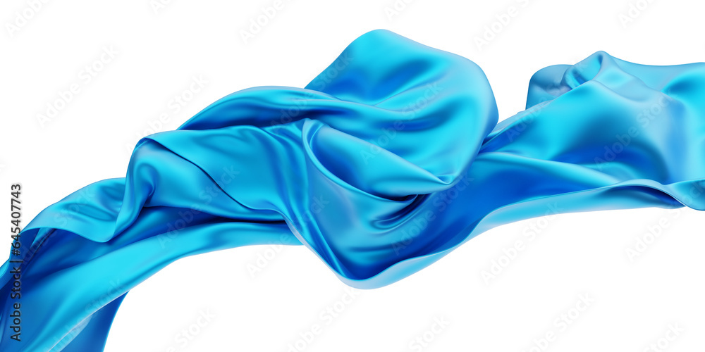 Beautiful flowing fabric flying in the wind. Blue color wavy silk or ...