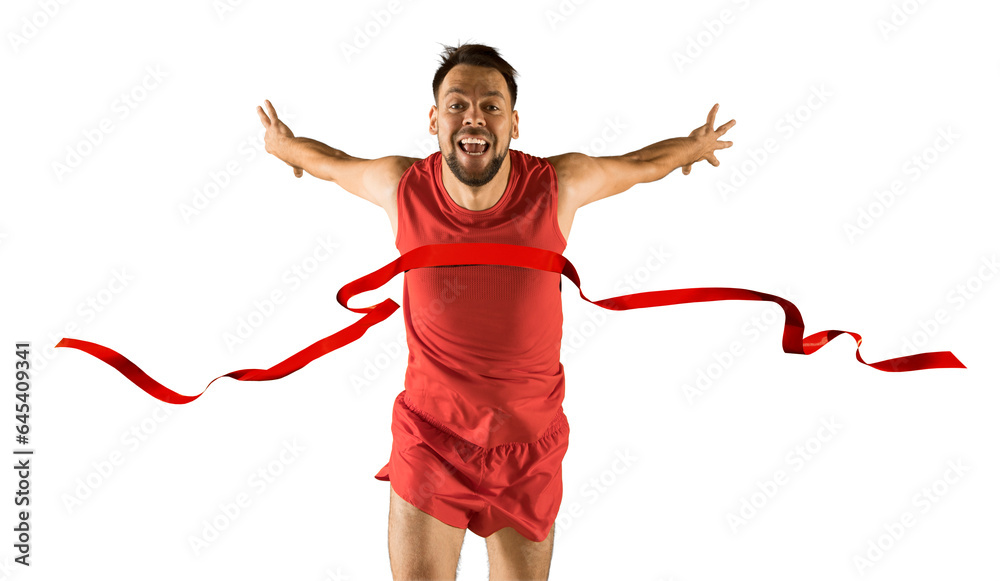 The runner wins by crossing the finish line ribbon on a white ...
