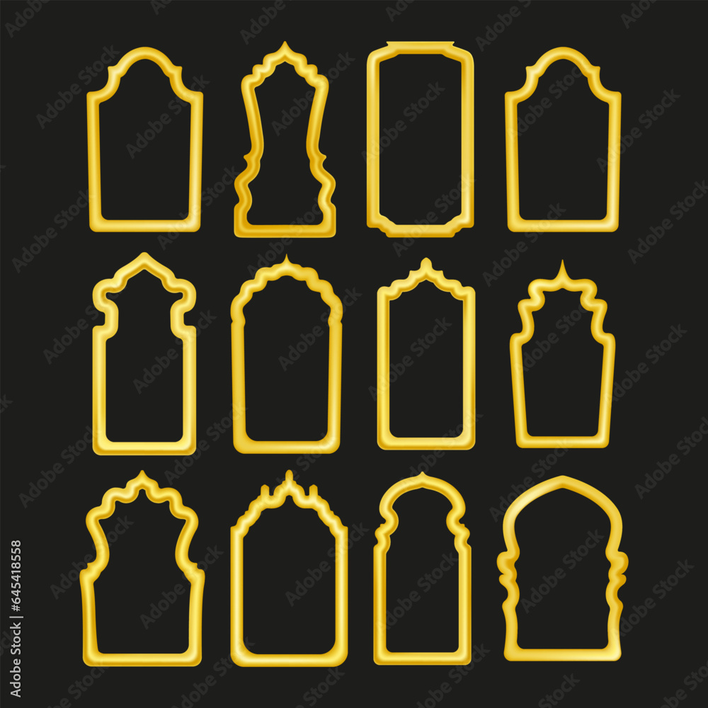 Gold arab frame set. Set vector islamic door and window 3d, great ...