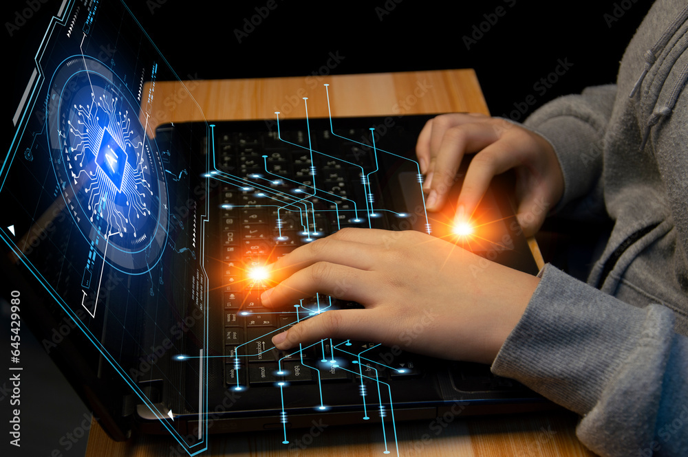 Businessman depicting global internet connected chat with AI artificial intelligence, using ...