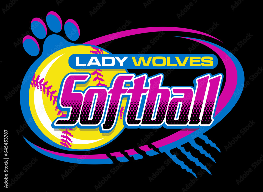 lady wolves softball team design with ball and paw print for school ...