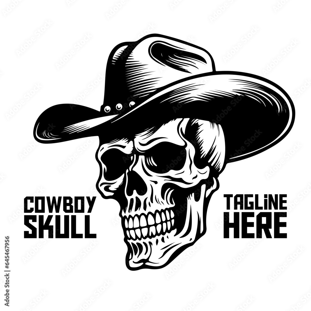 Monochrome Cowboy Skull Illustration: Western Skeleton Design for Logos ...