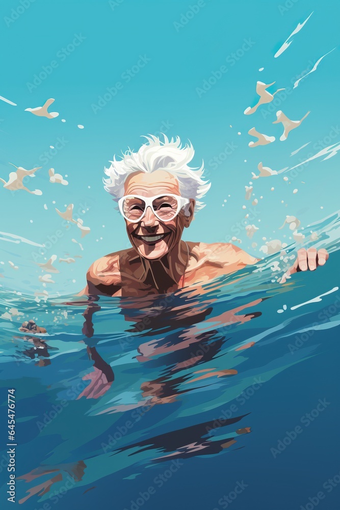 happy active senior woman swimming in lake or river water, healthy ...