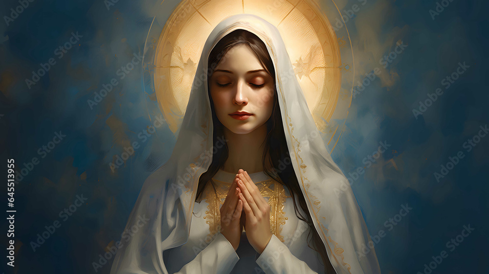 Virgin Mary, religious painting illustration. The image of the Blessed ...
