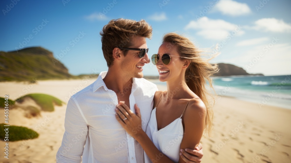 Romantic couple at the beach, savoring their honeymoon, lost in each ...