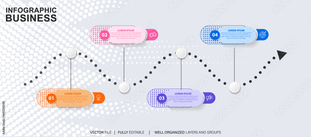 Line step infographic. 4 options workflow diagram, arrow timeline ...