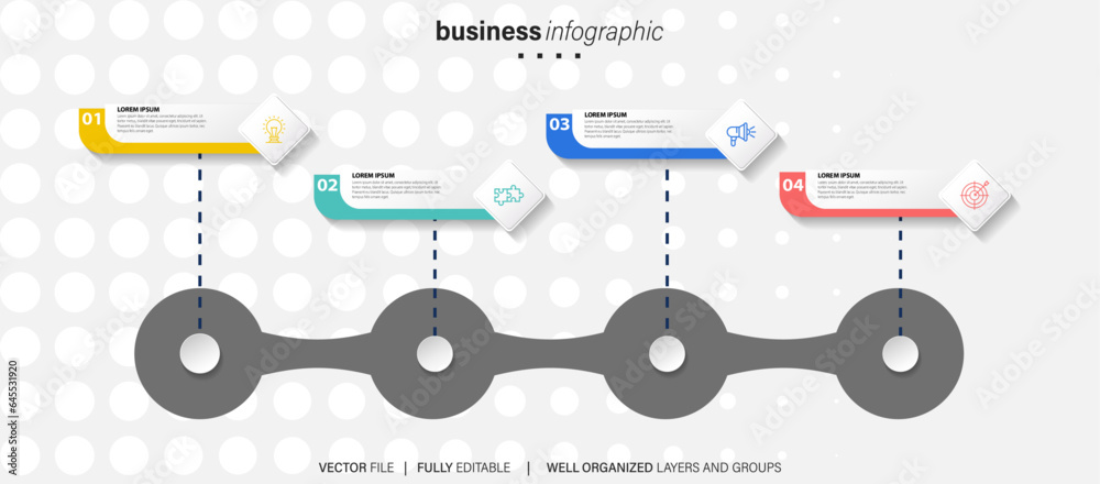 Line step infographic. 4 options workflow diagram, circle timeline number infograph, process ...