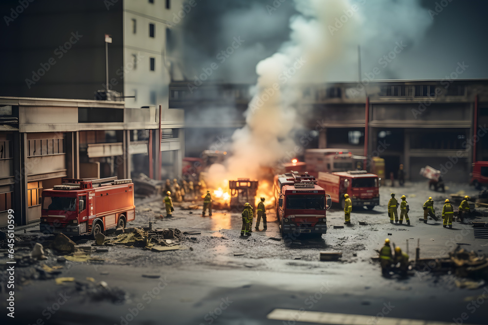 Miniature firefighters battling a raging factory fire with concrete ...