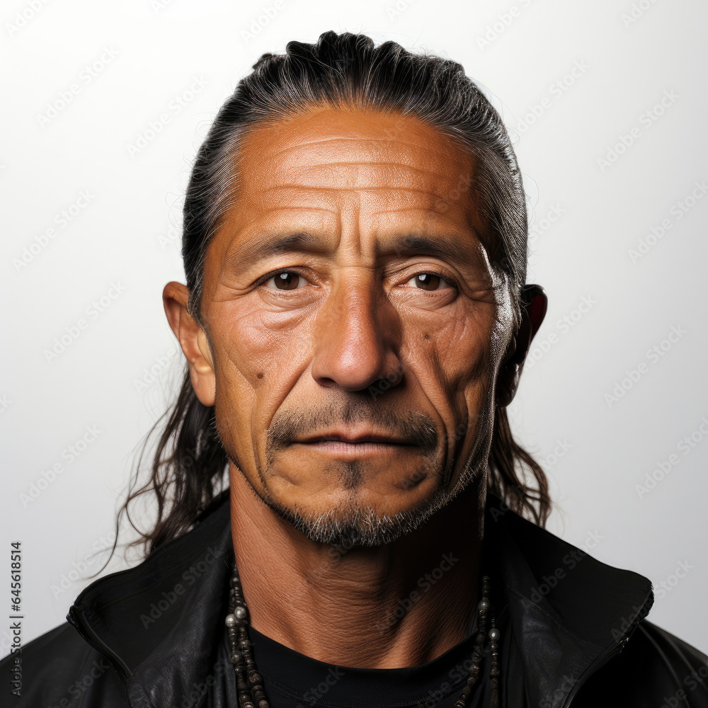 Professional studio headshot of a neutral 55-year-old Native American ...