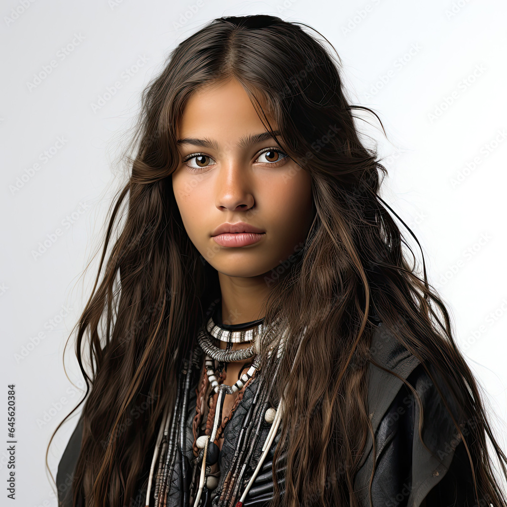 Professional studio head shot of a mystified 13-year-old Native ...