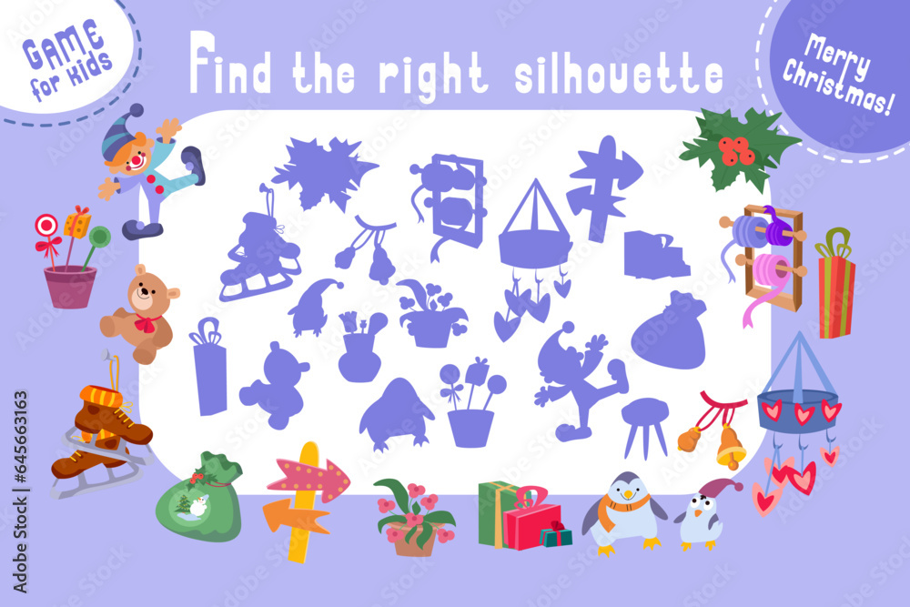 Find the correct silhouette, shadow. Puzzle game for kids. Big set of ...