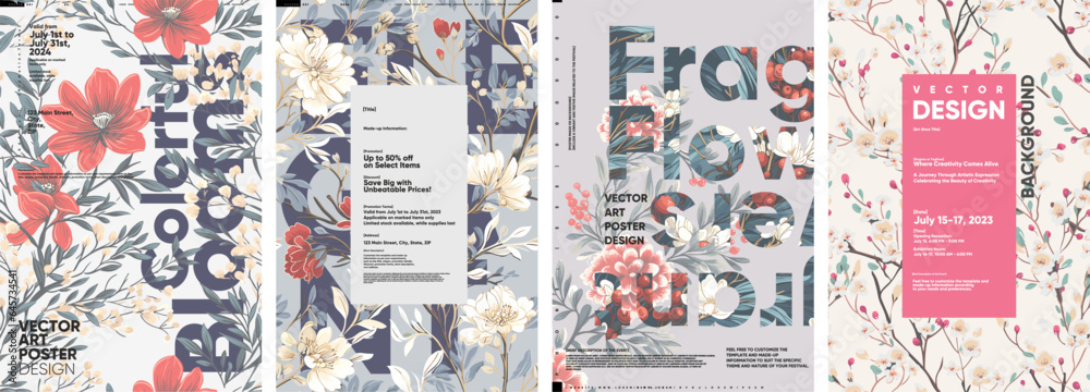 Flowers. Set of vector posters. Vectorized watercolor flowers and ...