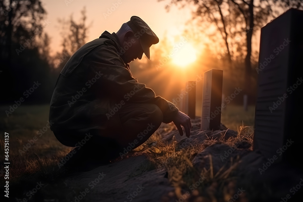 Military man kneeling of grave fallen soldier, sunset. Concept veteran ...