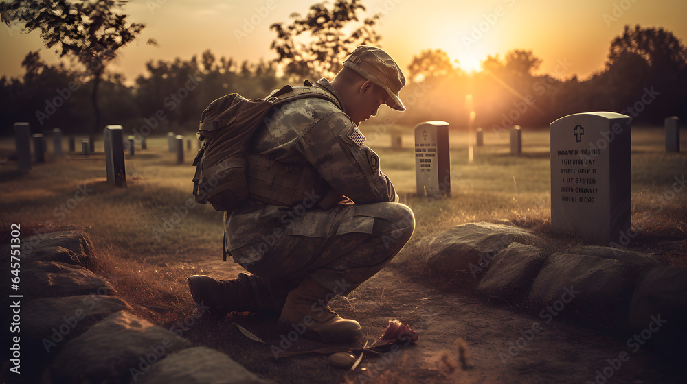 Military man kneeling of grave fallen soldier, sunset. Concept veteran ...