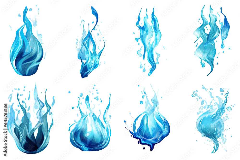 Blue fire flame element burning on transparent background. Flame set ...