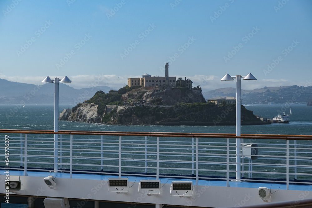 Alcatraz Island in San Francisco Bay seen from ship during Harbor ...
