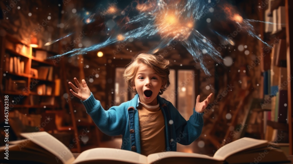Boy excited with an opened magical book with wave of astral magical ...
