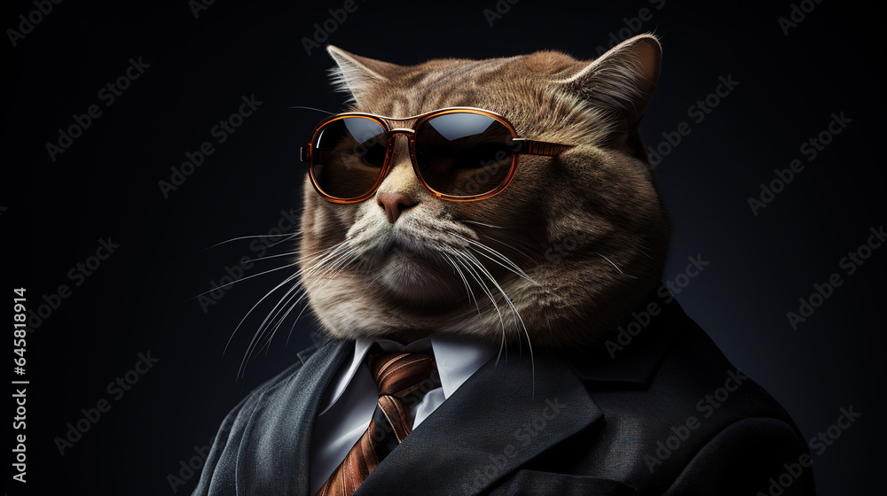 Cool looking fat cat wearing suit, tie and sunglasses isolated on dark ...