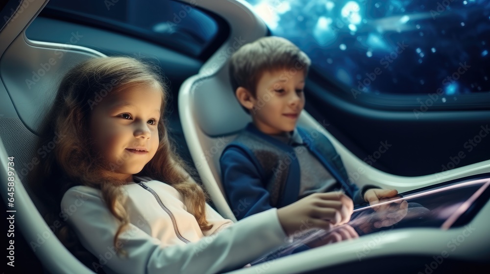 Two children are ride in a self driving car controlled by an artificial ...
