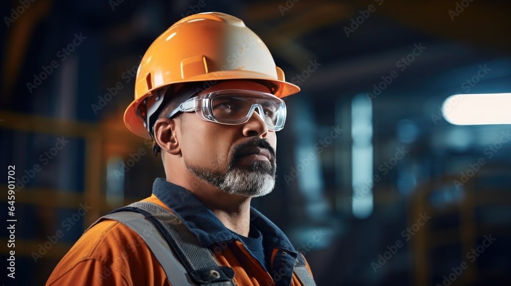 Focused engineer wearing safety goggles and a hard hat, working on a ...