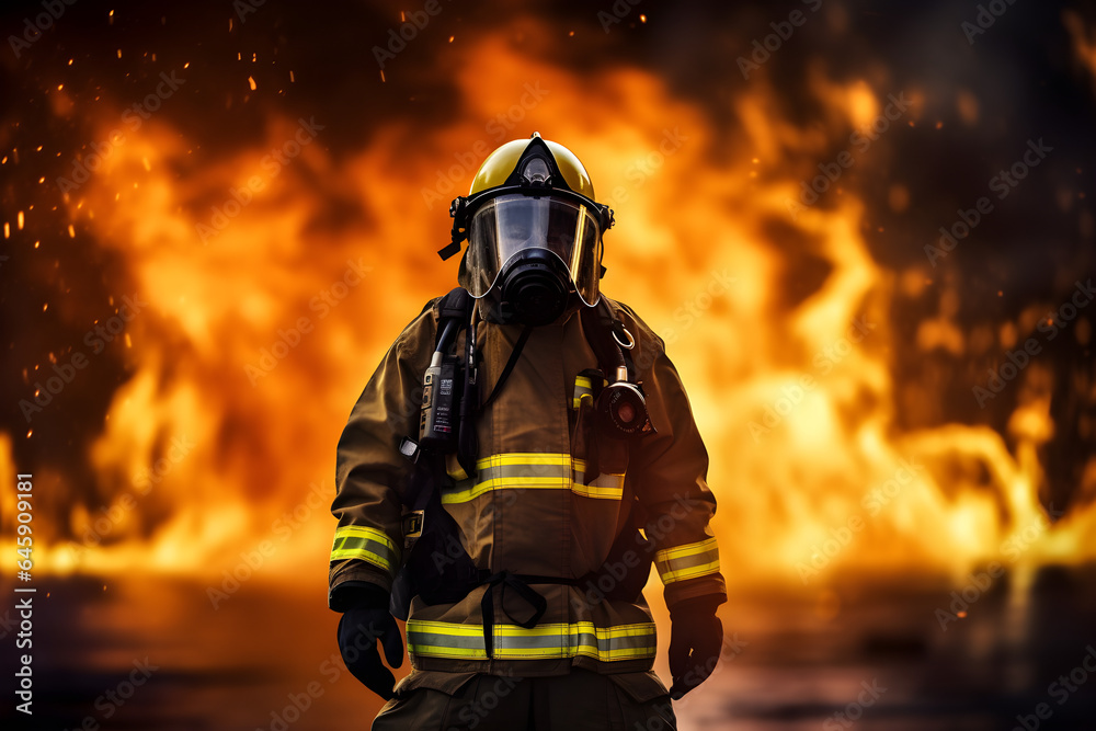 fireman with fire flame in an emergency situation in background., under ...