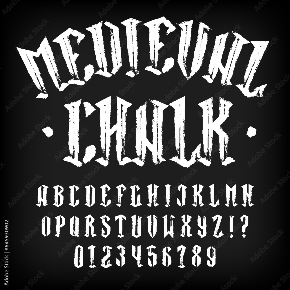 Medieval Chalk alphabet font. Ancient letters, numbers and symbols ...