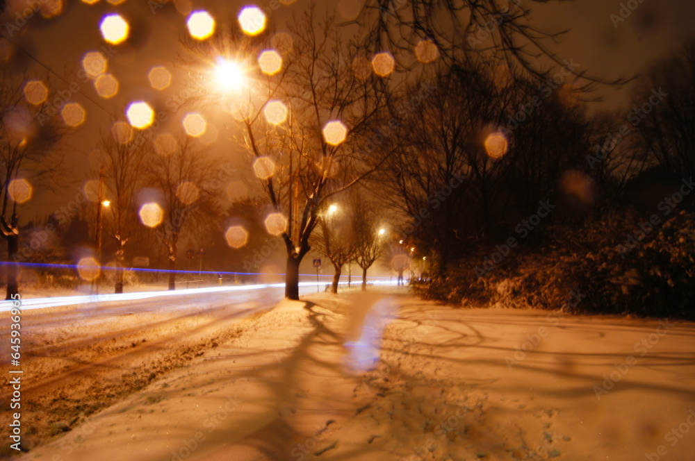 Long exposure in winter with water droplets on the lens. Trail in snow ...