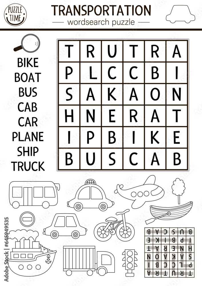 Vector transportation wordsearch black and white puzzle for kids ...