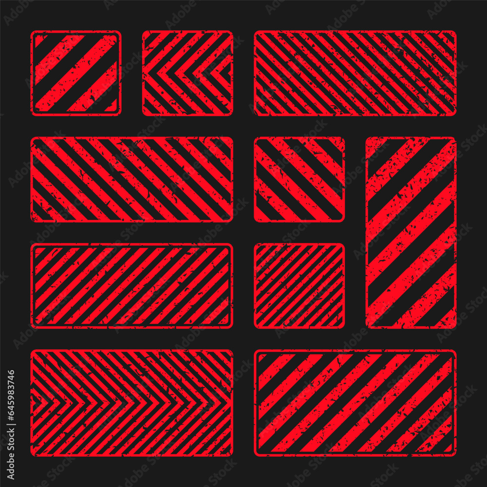 Various red grunge warning signs with diagonal lines. Old attention ...