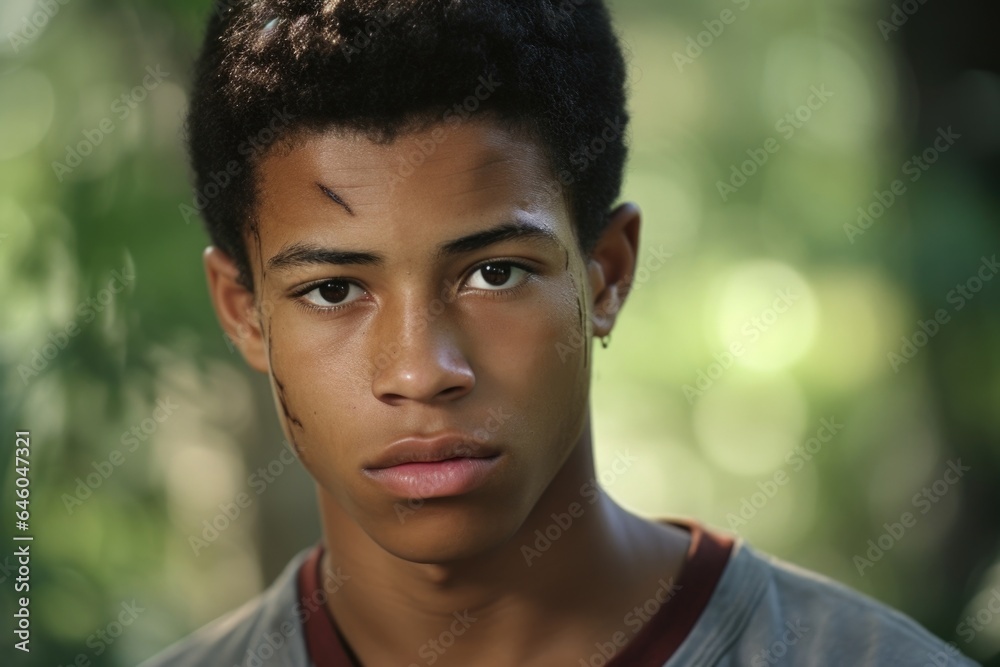teenager of African American descent in densely forested park alone ...