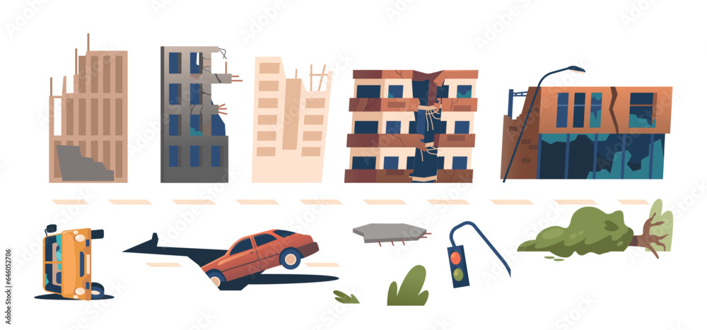 Set of Icons City After An Earthquake. Shattered Buildings, Broken Road ...