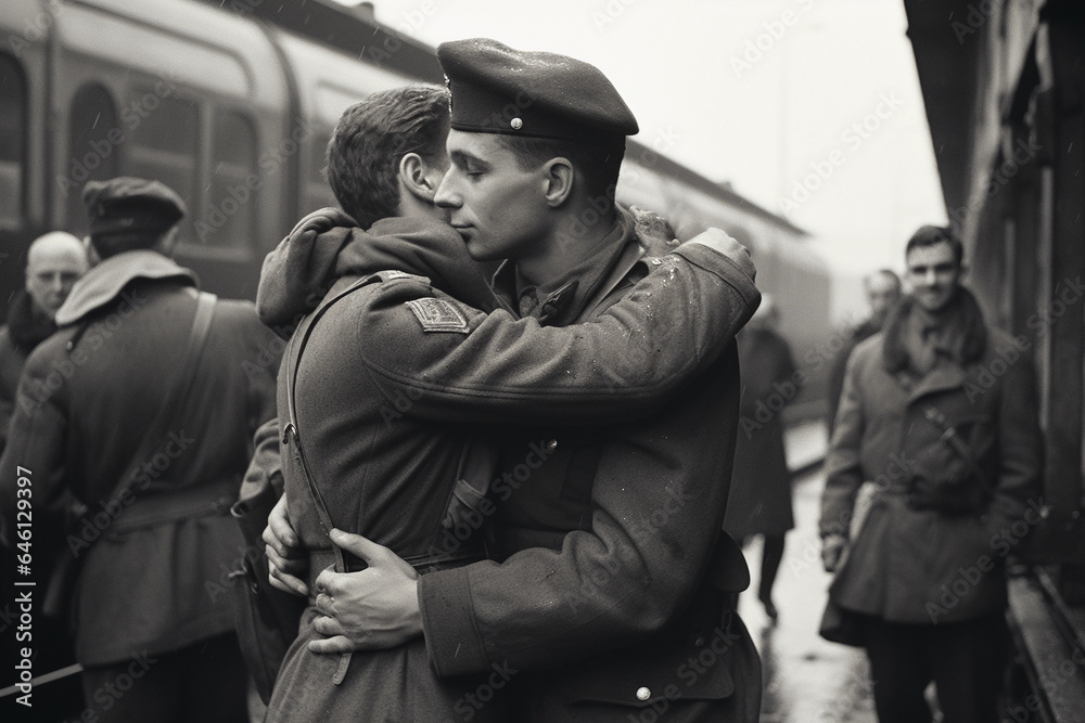 Wartime photograph, soldiers saying goodbye at a train station ...