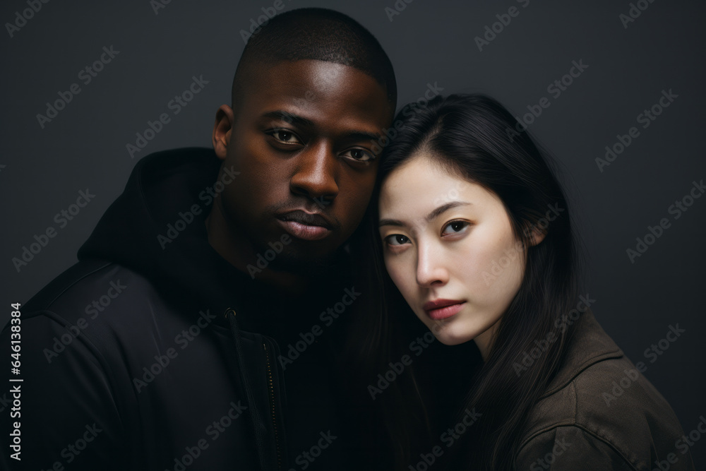 Portrait of a happy mixed couple with a black african man and asian ...